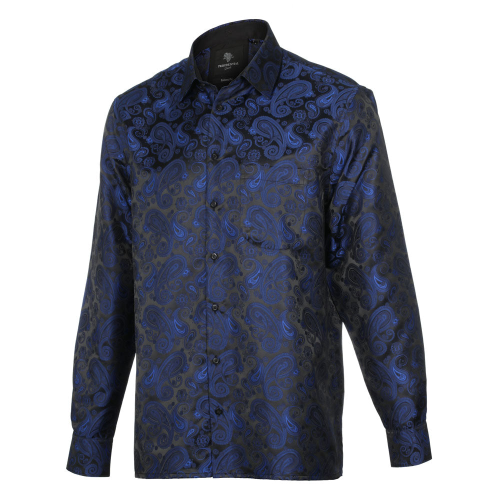 Dotted Paisley - Navy blue Long Sleeve Jacquard Woven Men's Shirt ...
